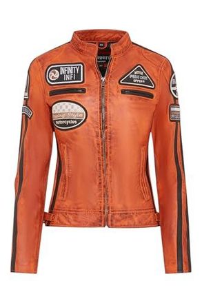 Infinity Leather Veste de Motard D&eacute;contract&eacute;e en Cuir Orange Pour Femme Avec Badges de Course