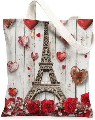 Generic Sacs fourre-tout en toile motif Paris Tower - Motif coeur floral - R&eacute;utilisables - Pour la Saint-Valentin - L&eacute;gers et lavables - 33 x 38 cm