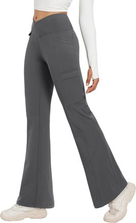Baleaf Thermo Hose Damen Thermo Leggings mit Taschen Wanderhose Wasserabweisend Bootcut Leggings Schlaghose Warm Winterhose 31 inch Dunkelgrau XXL