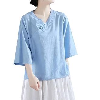 Generic Chemises d&eacute;t&eacute; en coton et lin pour femme, t-shirt chinois &agrave; manches cinq points, coupe ample et confortable, col en V, bleu, XXL