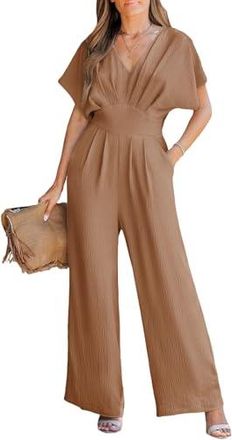 Cupshe Combinaison dété pour femme avec col en V, manches courtes chauve-souris et jambes évasées, tenue décontractée pour les vacances, camel, XL