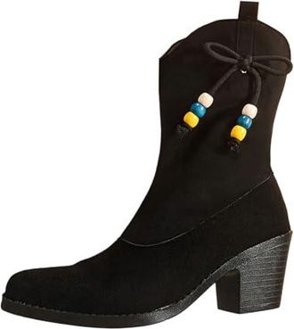 Generic Bottes de cowboy larges et d&eacute;contract&eacute;es pour femme - &Eacute;l&eacute;gantes - Couleur unie - Talon &eacute;pais - Noeud - Confortables - Pour lautomne et lhiver, Noir, 3