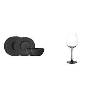 Villeroy & Boch Manufacture Rock Starter-Set, 6 tlg., Premium Porzellan, Schwarz & Manufacture Rock, Wei&szlig;weinglas-Set, 4 St&uuml;ck (1er Pack), 380 ml, Kristallglas, Trans