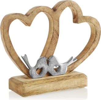 Com-Four Deko-Aufsteller Herz - Holz-Herz auf Holzsockel - Deko-Herz aus Holz mit 2 V&ouml;geln aus Metall zum Hinstellen - Herzdeko zum Verschenken (Holzherz mit V