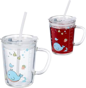 Relaxdays Kindergläser 2er Set, Wal-Motiv, Trinkglas Kinder, mit Henkel, Deckel & Strohhalm, 400 ml Skala, transparent, 12 x 12,5 x 9,5 cm