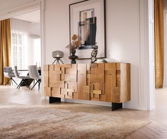 DELIFE Sideboard Puzzle 175 cm Akazie Natur 3 T&uuml;ren Fu&szlig; schwebend Metall Schwarz, Sideboards
