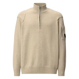 C.P. Company C.p. Company, Homme, Pulls, Beige, Taille: XS Pull en Laine dAgneau à Demi-Zip avec Logo