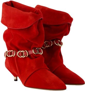 Isabel Marant Womens Edrik Rings Ankle Boots - Isabel Marant Leather Red Calfskin Shoes Ankle-Boots
