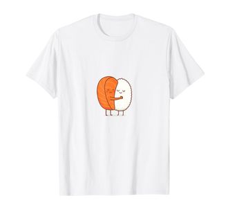 Hello Kitty S&uuml;&szlig;e Sushi Umarmung Lachs Nigiri und Reis Comic Art Kawaii T-Shirt