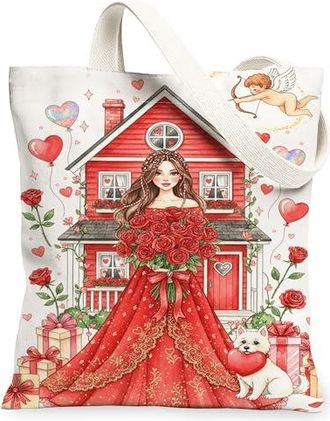 Generic Sacs fourre-tout r&eacute;utilisables en toile pour la Saint-Valentin, motif rose, sacs d&eacute;picerie, l&eacute;gers et lavables en toile pour, Rouge, 13x15 Inch