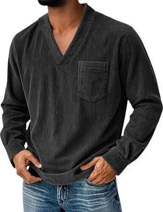 Generic T-shirts &agrave; manches longues en velours c&ocirc;tel&eacute; pour homme - Couleur unie - Haut d&eacute;t&eacute; tendance - Col en V - Coupe ample - Confortable - Respirant - V&ecirc;tem