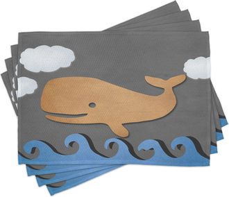 Abakuhaus Wal Platzmatten, Hölzernes Papier mag entworfenen Wal auf der Luft mit Papier basiertem Wal-Bild, Waschbare Stoff Esszimmer Küche Tischdekorations Dig