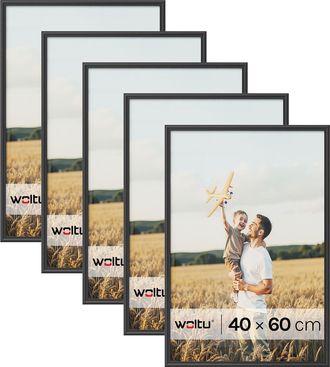Woltu Bilderrahmen 40x60, 5er Set, Fotorahmen aus Massivholz und PS-Platte, Holzrahmen mit Passepartout, zum vertikalen oder horizontalen Aufh&auml;ngen/Aufstell