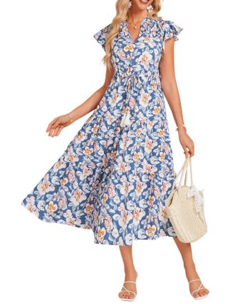 Grace Karin Damen Freizeit Sommer Midi Kleid mit flatternden Ärmeln fließend V-Ausschnitt Maxi Sonnenkleid mit Taschen hohe Taille fließendes Kleid Blau Weiß XL