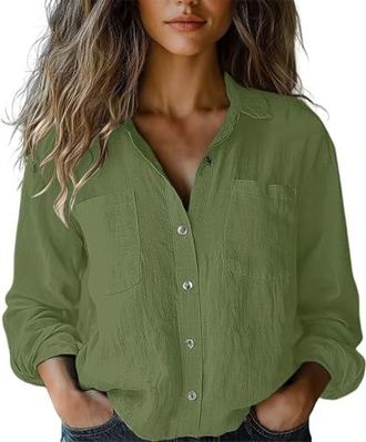 Generico Chemise Femme D&eacute;contract&eacute;e &agrave; Manches Longues Chemises en Lin Coton Curvy Respirant T Shirt Col en V Mode Blouse Vintage Fantaisie avec Boutons Classiq