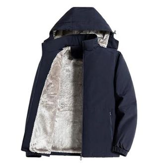 Generic Parka dhiver épaisse et chaude à capuche avec fermeture éclair pour homme, bleu marine, XL