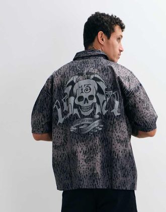 Ed Hardy Utility-Hemd mit Flammen-Military-Muster in Schwarz