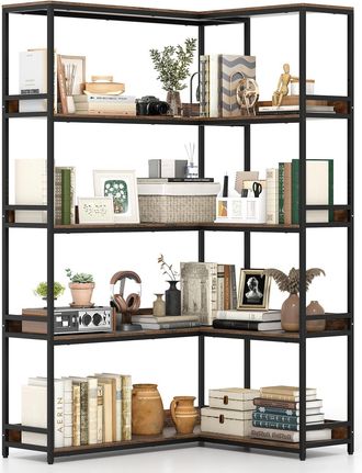 Giantex Eck-Bücherregal, 5-stöckiges Holzregal mit robustem Metallrahmen, L-förmiges Aufbewahrungs- und Ausstellungsregal für Wohnzimmer, Home Office, Schlafz