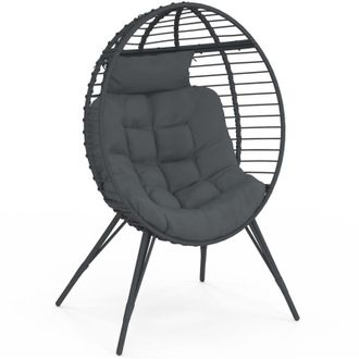 IDMarket Fauteuil oeuf sur pied ajour&eacute; gris effet rotin avec coussin gris