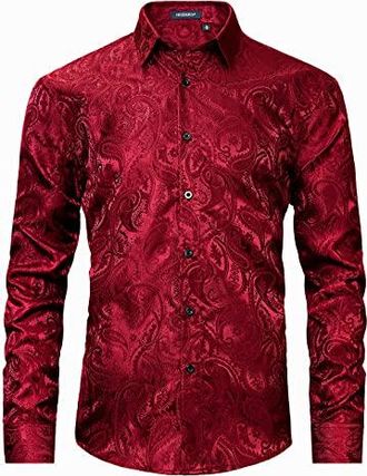 Hisdern Hommes Rouge Floral Paisley Satin Chemise a Manches Longues Decontracte Mode Formelle Chemises habillees Boutons en Soie Coupe reguliere Ceremonie de 