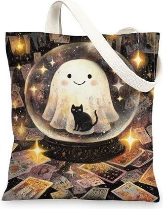 Generic Sacs fourre-tout fantaisistes en toile, motif fantôme et chat, sacs de courses réutilisables, légers et lavables en toile respectueuse de lenvironneme