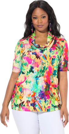 Ulla Popken Damen große Größen Übergrößen Plus Size Slinkyshirt, floraler Druck, Wasserfallausschnitt, Halbarm ozeanblau 46+ 838340763-46+