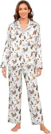 Mnsruu Ensemble de pyjama en satin &agrave; manches longues avec boutons pour femme, motif chat, chaton, papillon, fleur, multicolore, M/L