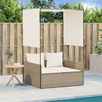 vidaXL Chaise longue double avec toit et rideaux beige r&eacute;sine tress&eacute;e Vidaxl