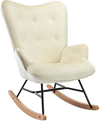 Clp Chaise A Bascule Sanka en Velours I Fauteuil A Bascule avec Support en Métal I Fauteuil De Relaxation avec Patins en Bois, Couleur:crème