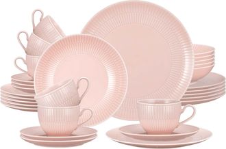 SELTMANN WEIDEN Amina Rosé Kombiservice 30-teilig, Komplettes Geschirr-Set für 6 Personen, Tafel- und Kaffee-Geschirr mit dezentem Relief-Muster, Porzellan, Rosa