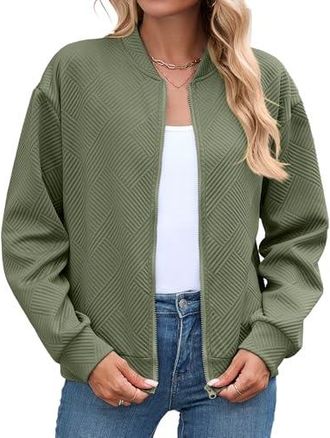 Feoya Femmes Blouson Jacquard Bombardier D&eacute;contract&eacute; Zipp&eacute;e Manches Longues Veste Bomber de Baseball L&eacute;g&egrave;re Sweatjacke Vert XL