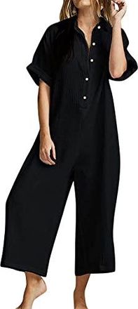Generic Combinaison dété ample pour femme - Coton et lin - Couleur unie - Col en V - Manches courtes - Avec boutons - Jambe large - Pantalon dété hawaïen stre