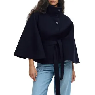 Generic Ponchos &agrave; manches chauve-souris pour femmes, manteau surdimensionn&eacute;, col montant, ceinture, cape, veste, manteau, manteau en laine, v&ecirc;tements dext&eacute;rie