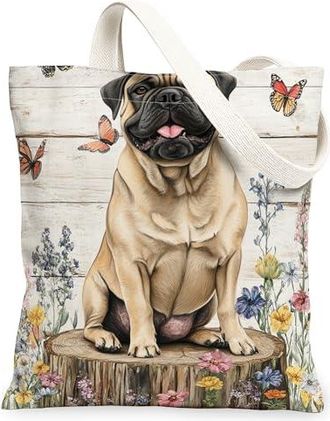 Generic Spring Bullmastiffs Sac fourre-tout en toile pour le shopping 33 x 38 cm, motif souche de bois floral, sac d&eacute;picerie r&eacute;utilisable pour femme, peinture