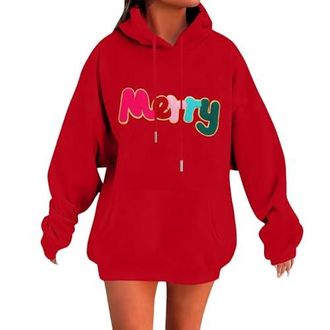 Generic Sweat à capuche décontracté « Merry Christmas » pour femme, lettres de Noël imprimées, grande taille pour femmes, chandail ample, pull de Noël plus co