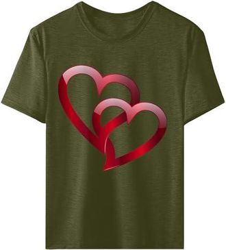 Generic T-shirt &agrave; manches courtes pour femme avec col rond et imprim&eacute; coeur rouge 2026, Vert, 3XL