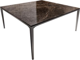 DELIFE Wohnzimmertisch Levente Keramik Laminam Emperador Extra Lucidato Dunkelbraun 85x85 cm Gestell Edelstahl Silber