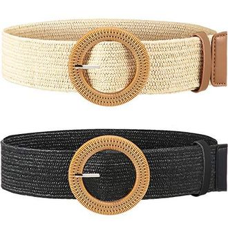 Satinior Lot de 2 ceintures élastiques tressées en paille avec boucle en bois pour femme, noir/blanc, M
