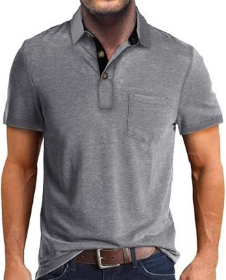Generic Polo Homme &Eacute;t&eacute; Printemps Couleur Unie Manches Courtes Col Boutonn&eacute; Ray&eacute; Oversize Haut T-shirt, gris, XL