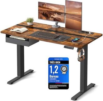 Vasagle Bureau &Eacute;lectrique R&eacute;glable en Hauteur, Bureau Assis-debout, Surface 60 x 120 cm, R&eacute;glable en Continu, Fonction M&eacute;moire de 4 Hauteurs, Marron Rustique 