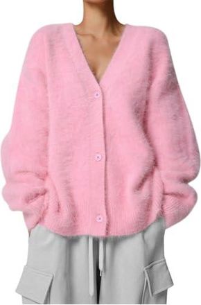 Minetom Femmes Cardigan Pull Manteau Manches Longues Tricoté Gilet Casual Douce Chaud Pullover Veste en Tricot avec Boutons A Rose M