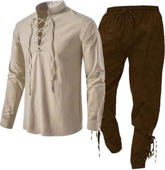 Generic Uwdiohq Ensemble De V&ecirc;tements M&eacute;di&eacute;vaux pour Hommes avec Chemise en Lin M&eacute;di&eacute;vale Pantalon M&eacute;di&eacute;val Sangle Cheville Veste ( 02-Khaki, M) Homme Bleu Co