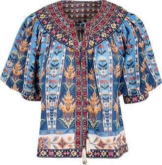 Farm Rio Farm Rio, Femme, Blouses et Chemises, Multicolore, Taille: 40 FR Blouse Manches Bouffantes Broderie Tapisserie et Pompons