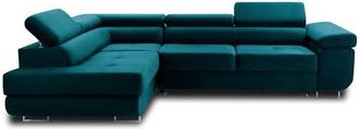 Best Mobilier BestMobilier - Canapé dangle Convertible avec Coffre - Angle Gauche - Pablo en Velours - Canapé Lit - Sofa Bleu Canard 5 Places - Têtières Réglables -
