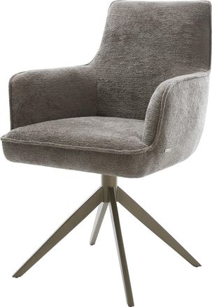 DELIFE Esszimmerstuhl Heira-Flex mit Armlehnen Kreuzgestell breit Effektfinish Titan Boucl&eacute; Soft Schlamm 360&deg; drehbar Wippfunktion Taschenfederkern