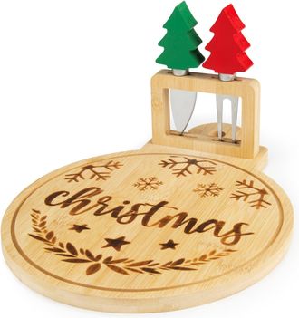 Excelsa Christmas Wood Schneidebrett aus Holz mit K&auml;semessern, Weihnachtsdekoration mit B&auml;umen