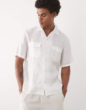 Mango Chemise 100 % lin &agrave; manches courtes avec poches sur le devant - Blanc