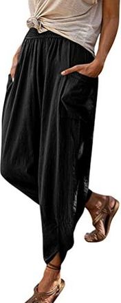 Onsoyours Femme Pantalon Été Coton Sport Harem Pantalon Léger Taille Haute Capri de Solide Couleur Pantacourt Sport Pants 3/4 Longueur Pants C Noir XXL