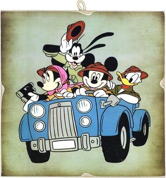 Disney Bild Mickey und Minnie Mouse Donald Duck und Goofy, Vintage-Stil, Cartoon, Druck auf Holz, 23 x 23 cm