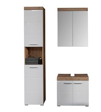 Trendteam Amanda - Badm&ouml;bel-Set Waschbeckenunterschrank, Spiegelschrank und Hochschrank - Wei&szlig;/Wei&szlig; Hochglanz Eiche - (BxHxT) 112 x 190 x 34 cm - Kratzfest